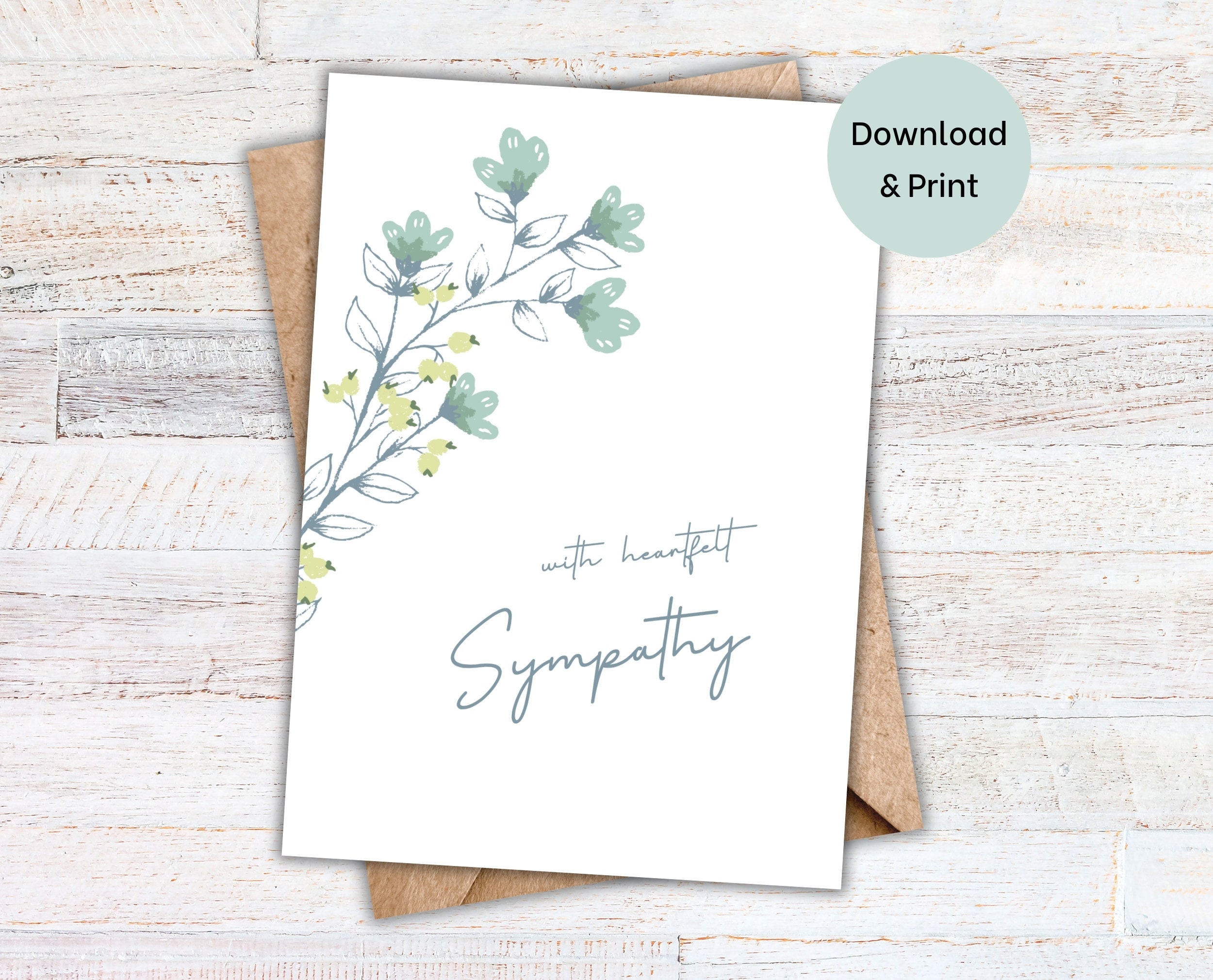 Sympathy Card Printable, Bereavement Condolence Card, Simple Floral ...