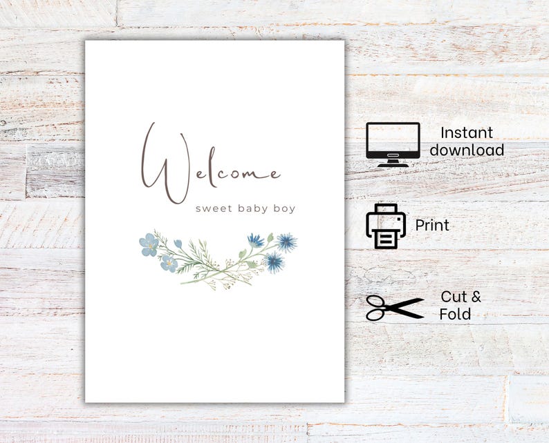 Baby Card Printable, Baby Shower Card, Welcome Sweet Baby Boy, Instant ...