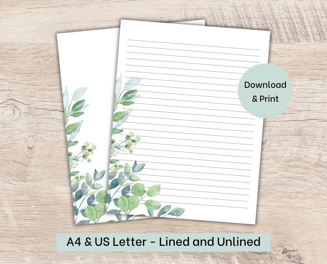 Printable Stationery, Botanical Writing Paper, Green Leaves, US Letter ...