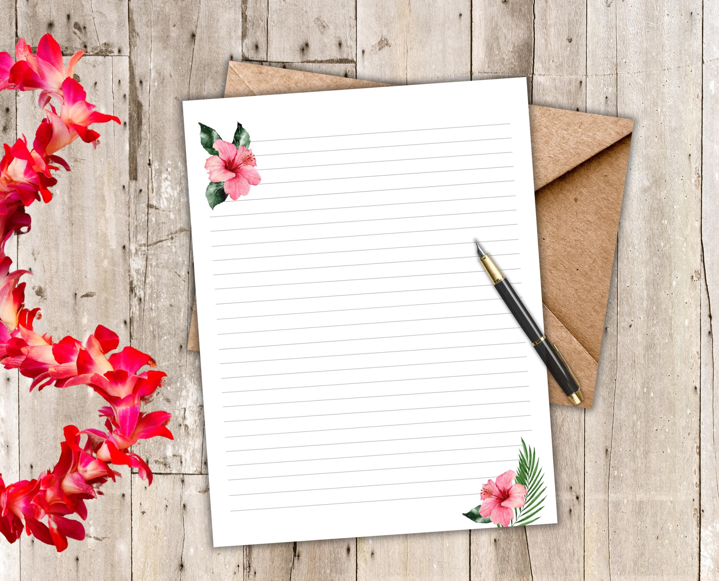 Pink Hibiscus Printable Stationery, Tropical Hawaiian Theme Writing ...