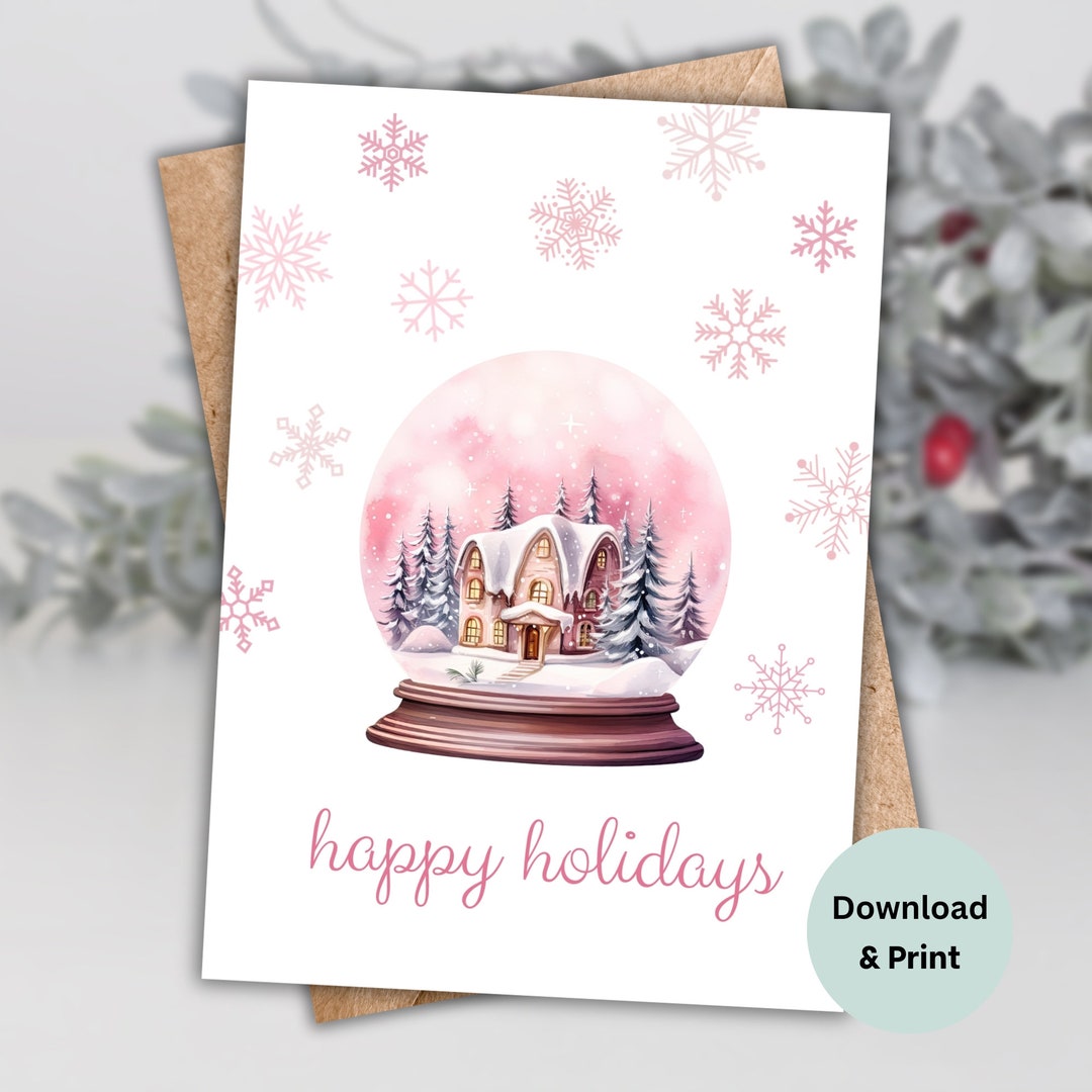 Christmas Card Printable Pink Christmas Snow Globe With Winter Home ...