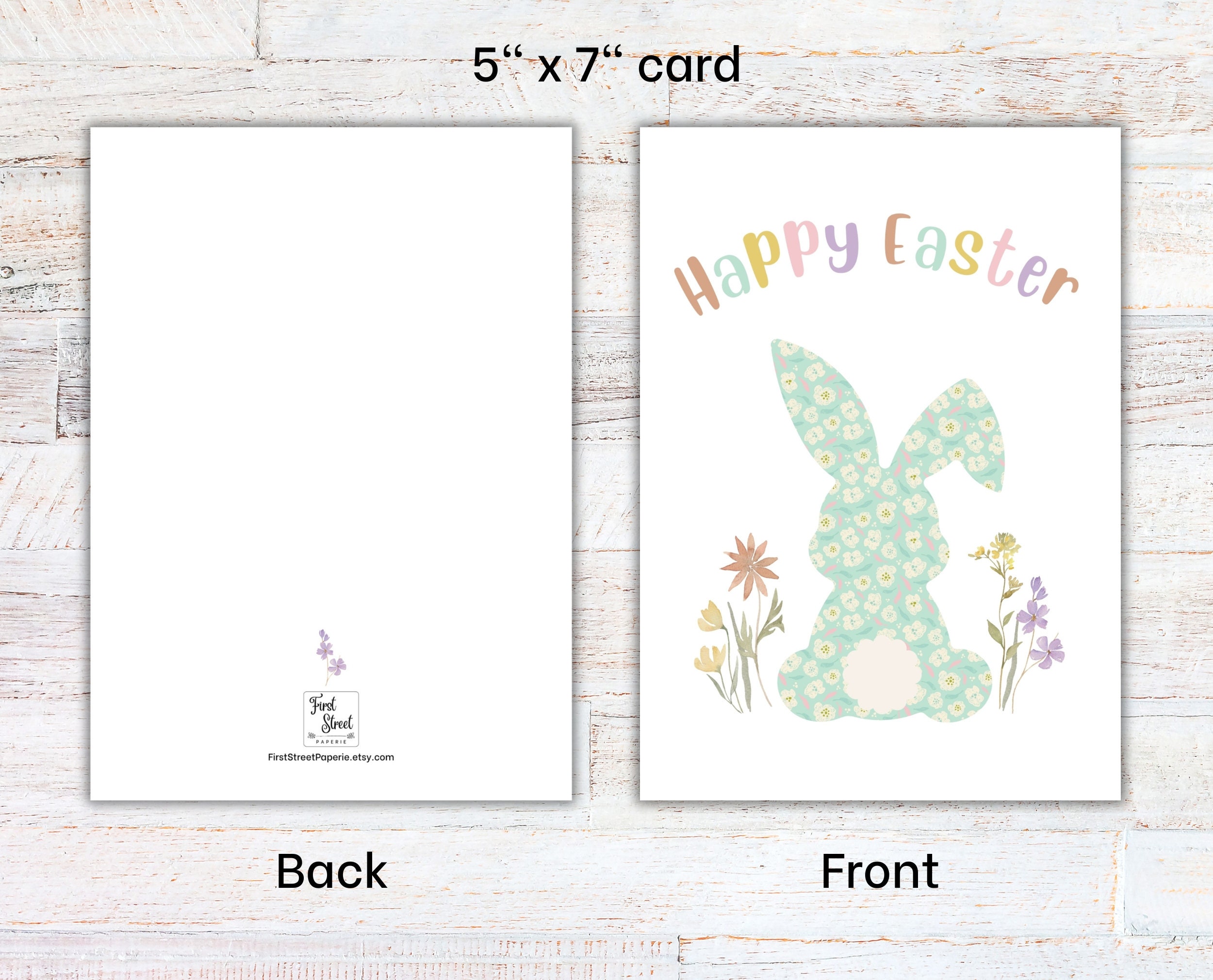 Printable Easter Card With Bunny Rabbit, Watercolor Flowers, Instant ...