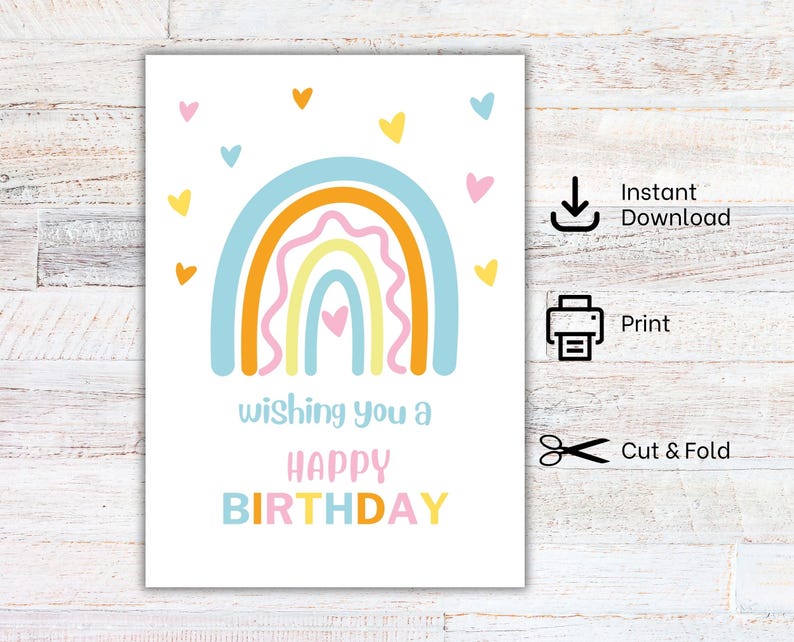 Rainbow Birthday Card, Printable Birthday Card, Whimsical Rainbow, Boho ...