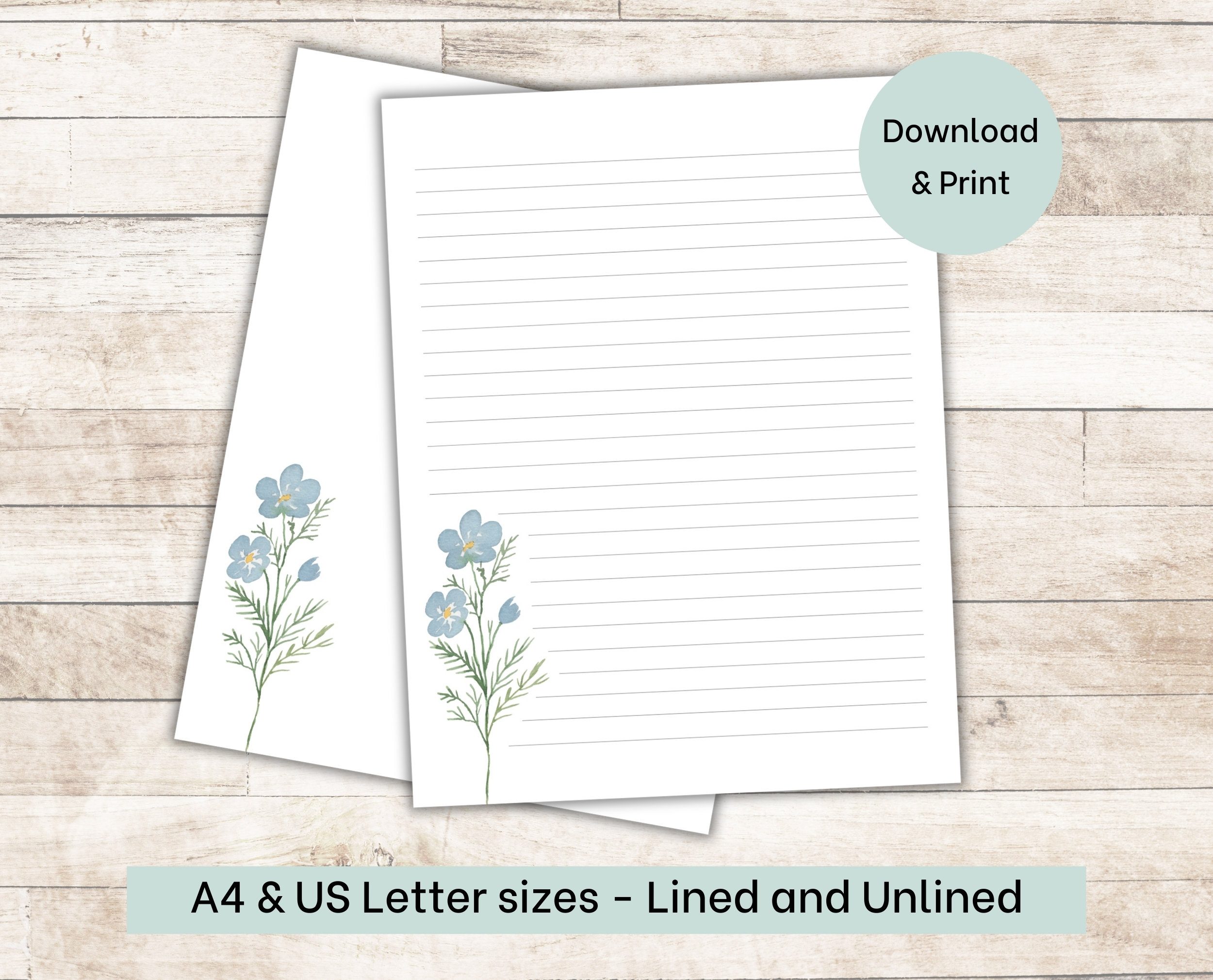 Printable Stationery, Blue Wildflowers, A4, US Letter 8.5x11 In ...