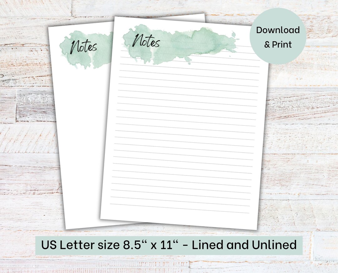 Note Paper Printable, Green Watercolor Splash. Printable Lined ...