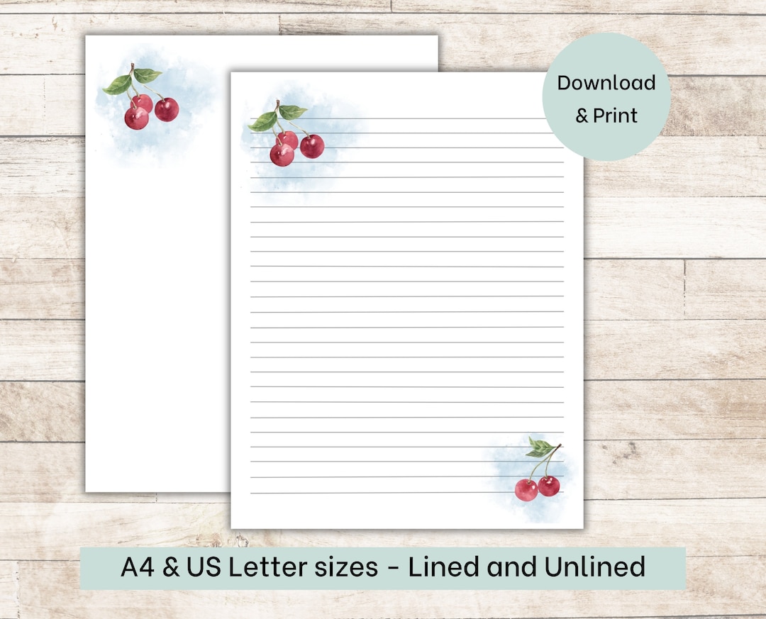 Cherry Printable Stationery, Letter Writing Paper, US Letter, A4 Paper ...