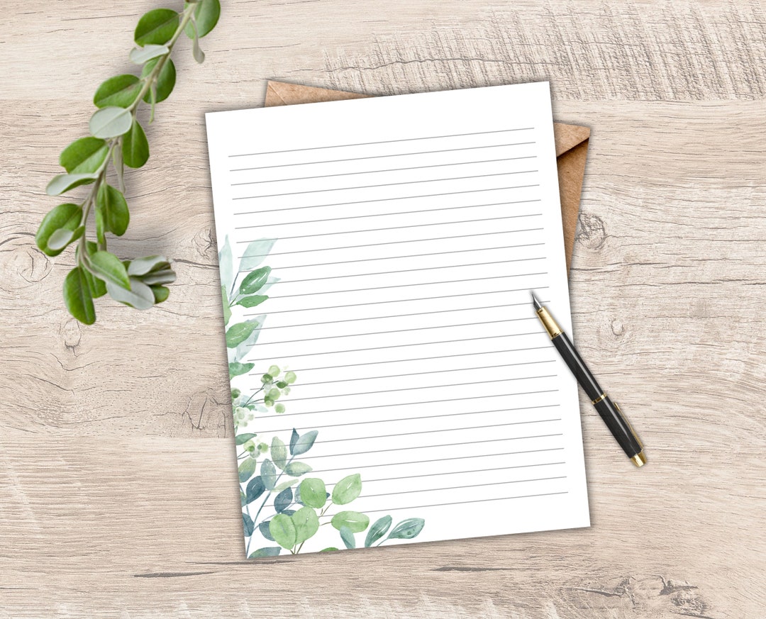 Printable Stationery, Botanical Writing Paper, Green Leaves, US Letter ...
