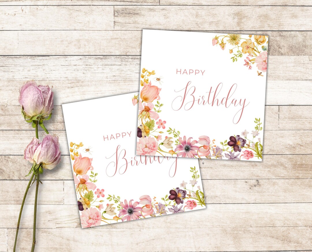 Happy Birthday Gift Tag, Printable Pink Floral Square Tag, Digital ...