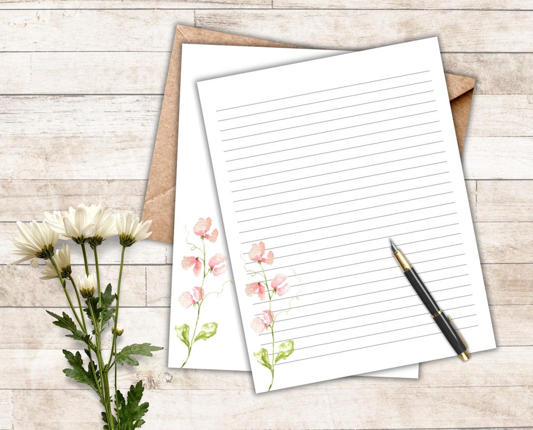 Sweet Pea Printable Stationery, Floral Writing Paper, Pink Watercolor ...