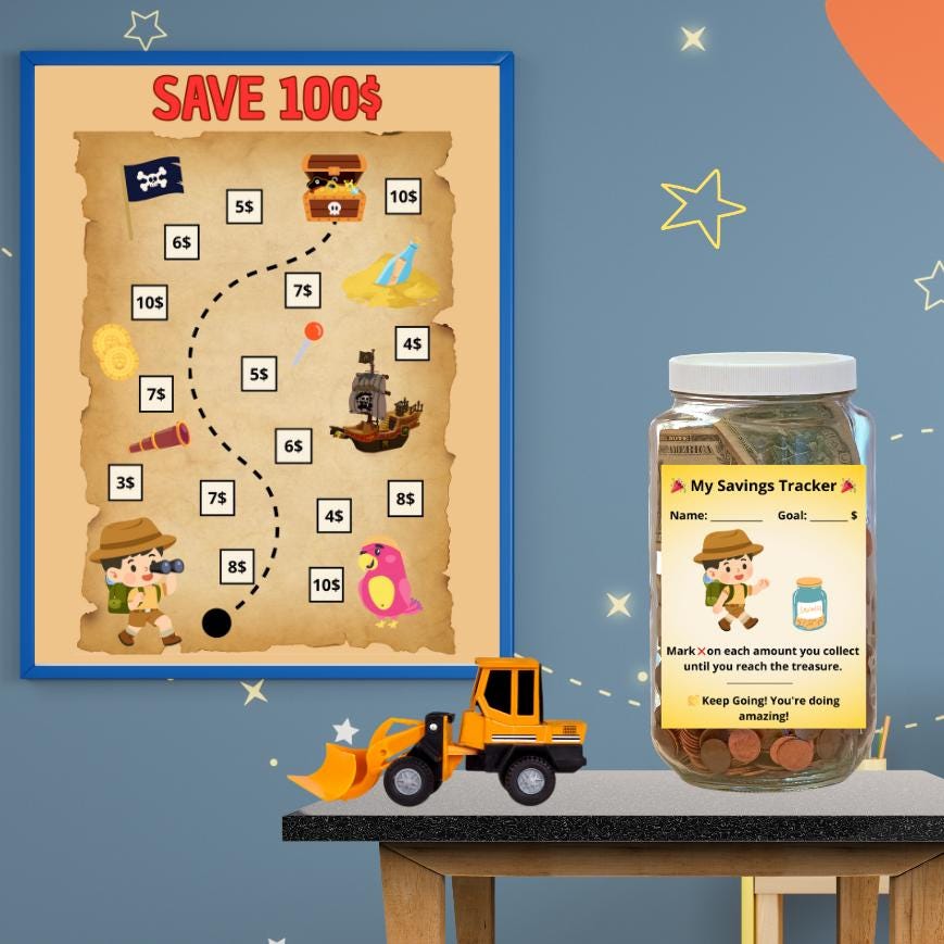 Kids Savings Tracker Printable, Easy Goal Treasure Map Chart + Jar ...