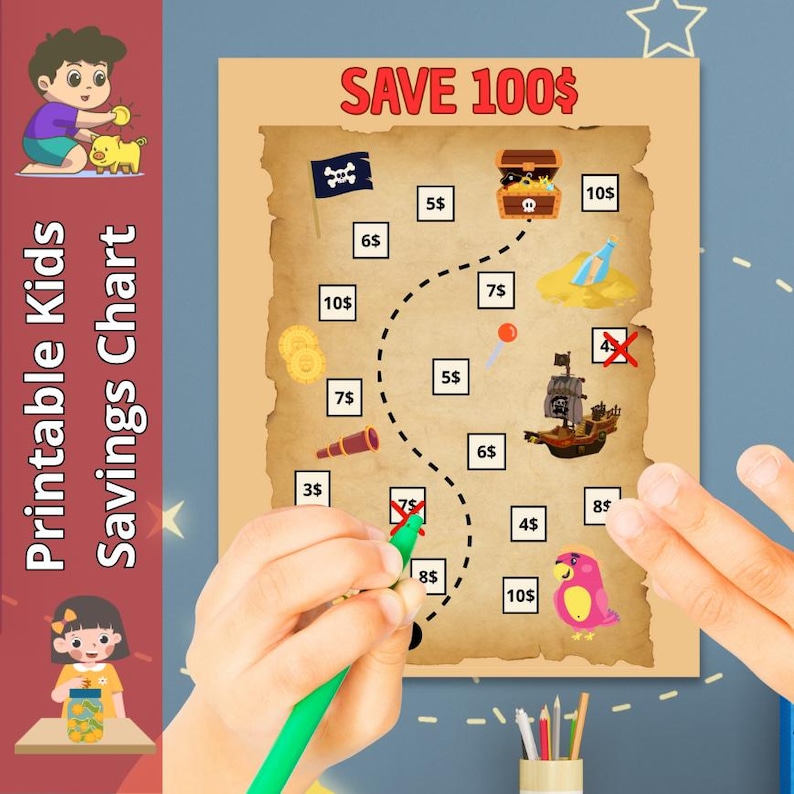 Kids Savings Tracker Printable, Easy Goal Treasure Map Chart + Jar ...