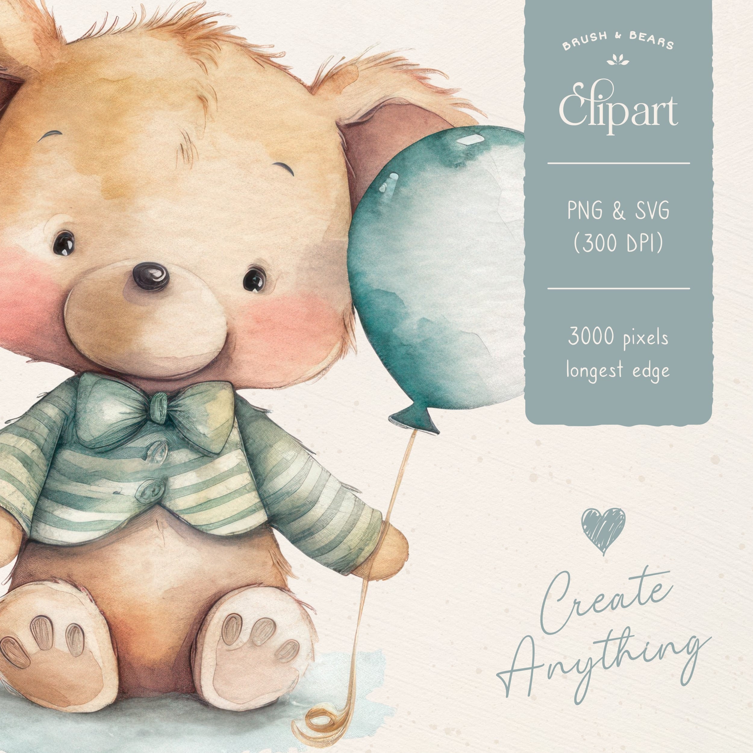Watercolor Teddy Bear Clipart, Teddy Bear PNG, SVG, Birthday Balloon ...