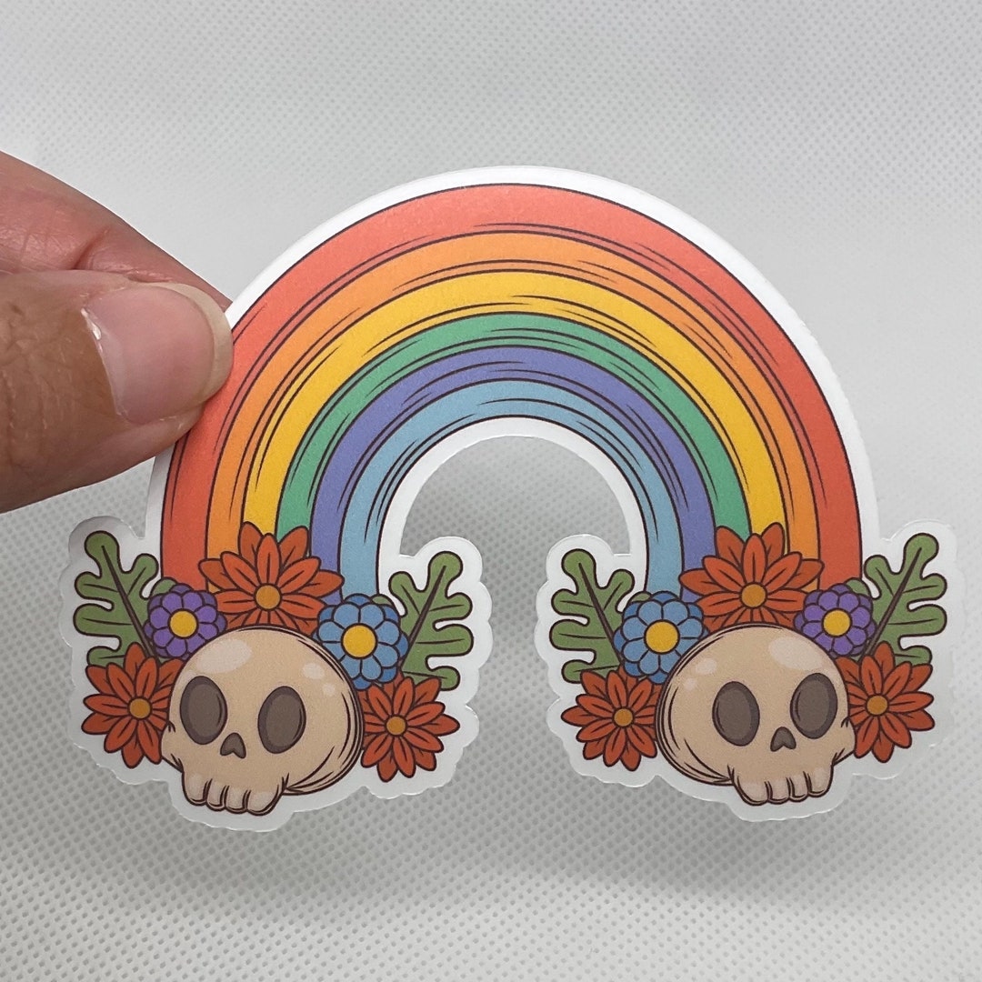 Retro Rainbow Sticker With Flower & Skulls Vintage, Vinyl Sticker ...