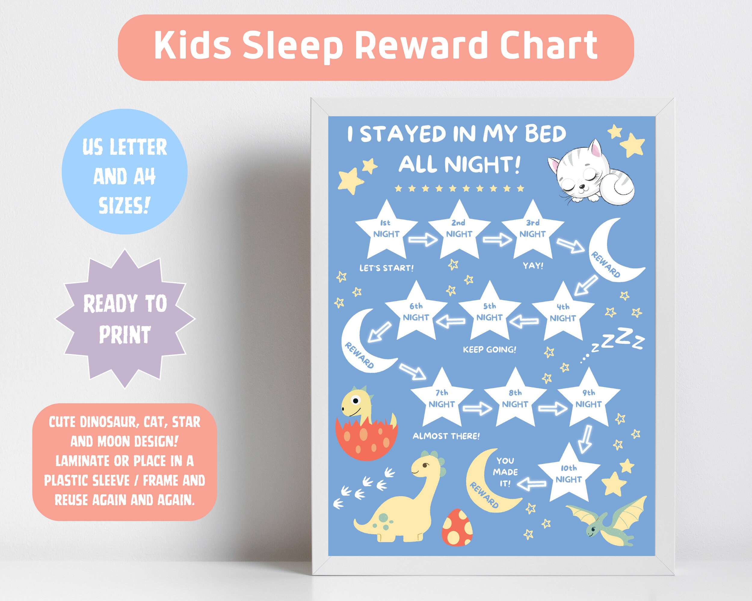 Printable Kids Sleep Chart, Cat Dinosaur Star Moon Sleeping Chart, Stay ...