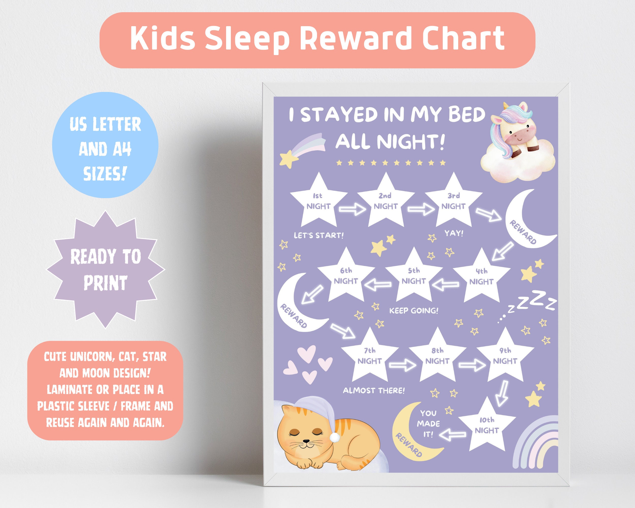Printable Kids Sleep Reward Chart, Unicorn Sleeping Chart, Stay in Bed ...