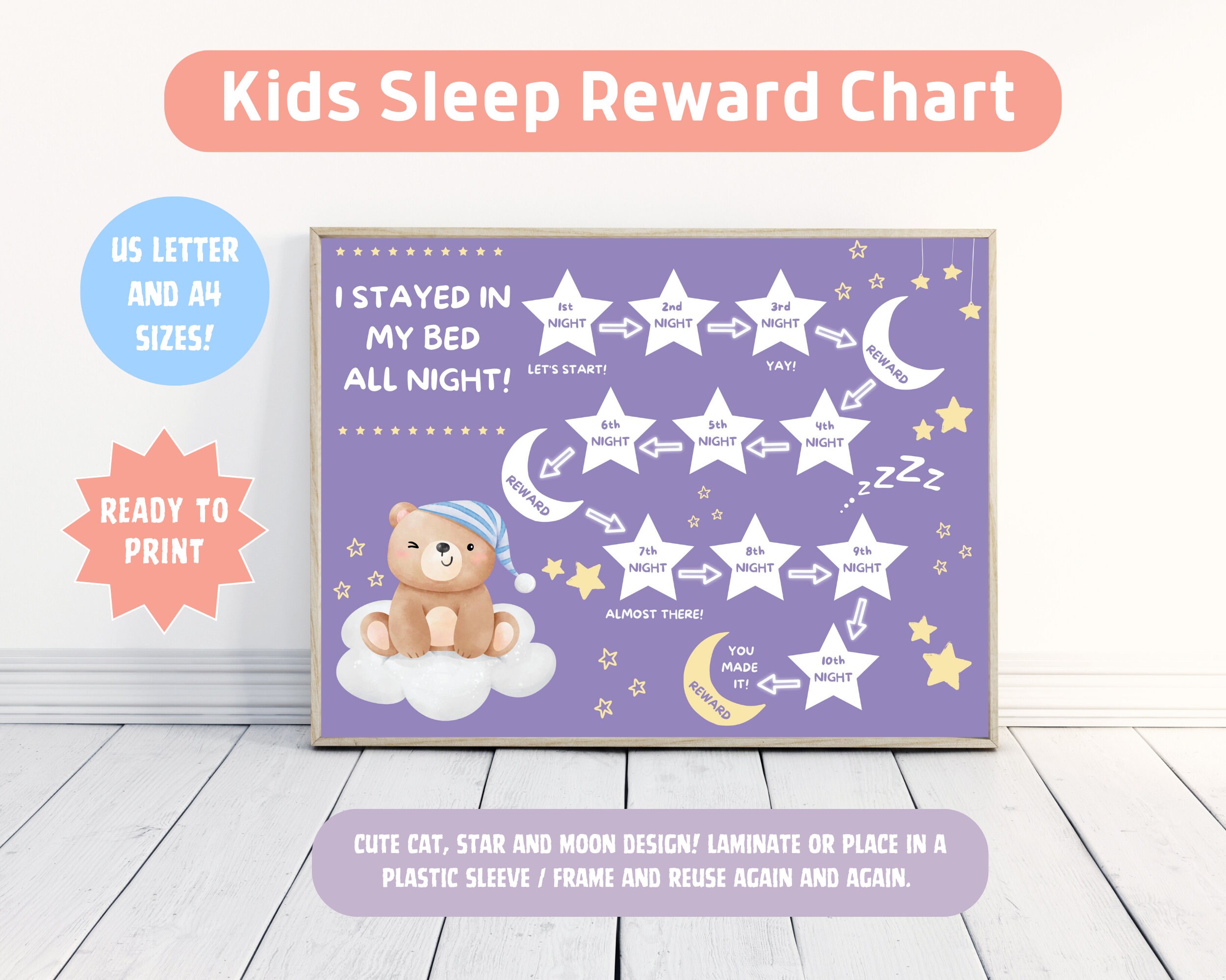 Printable Kids Sleep Reward Chart, Stay in Bed Chart, Sleep Tracker ...