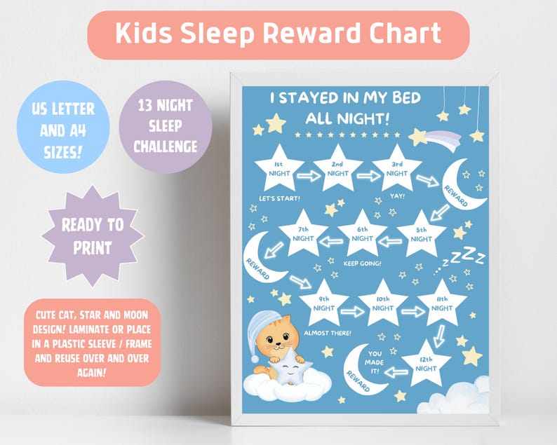 Printable Kids Sleep Reward Chart, Cat Star Moon Sleeping Chart, Sleep ...