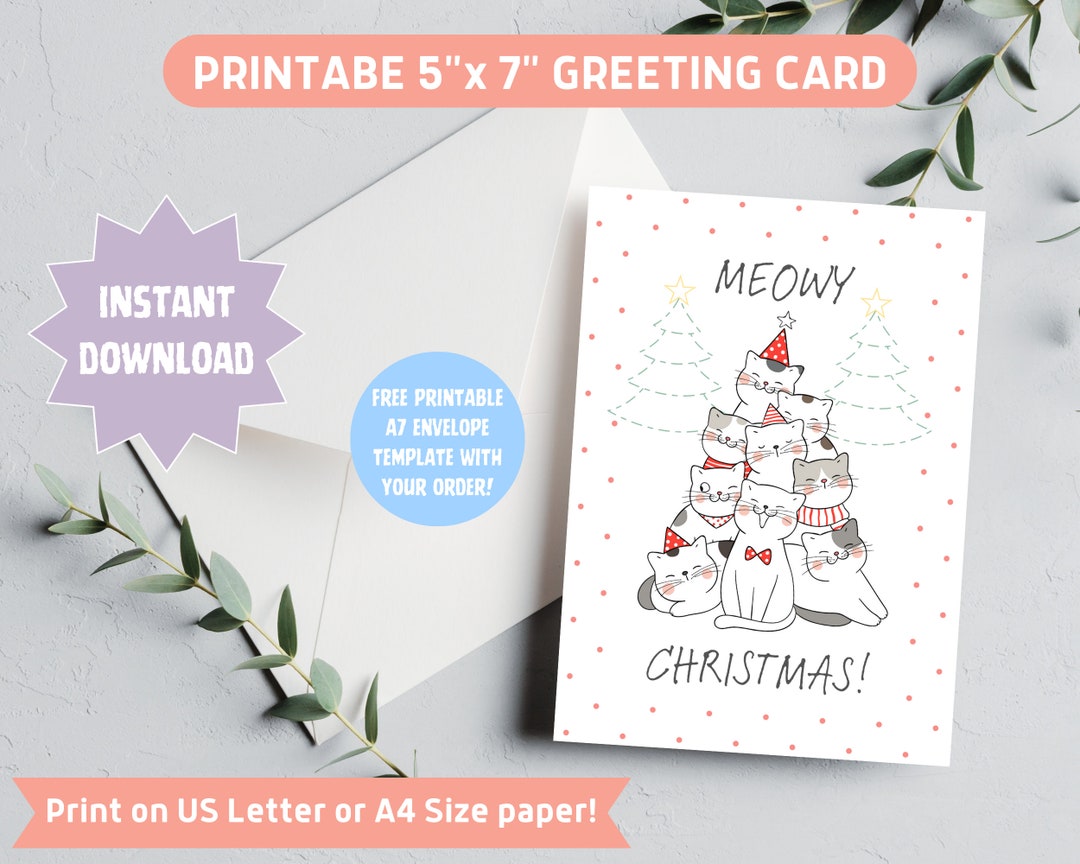Meowy Christmas Greeting Card Printable Christmas Cat Card - Etsy