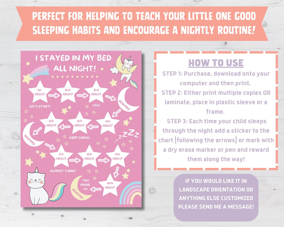 Printable Kids Sleep Chart Unicorn Cat Star Moon Sleeping Chart Sleep ...