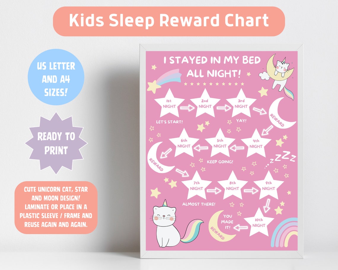 Printable Kids Sleep Chart Unicorn Cat Star Moon Sleeping Chart Sleep ...