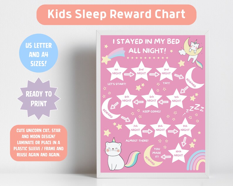 Printable Kids Sleep Chart Unicorn Cat Star Moon Sleeping Chart Sleep ...
