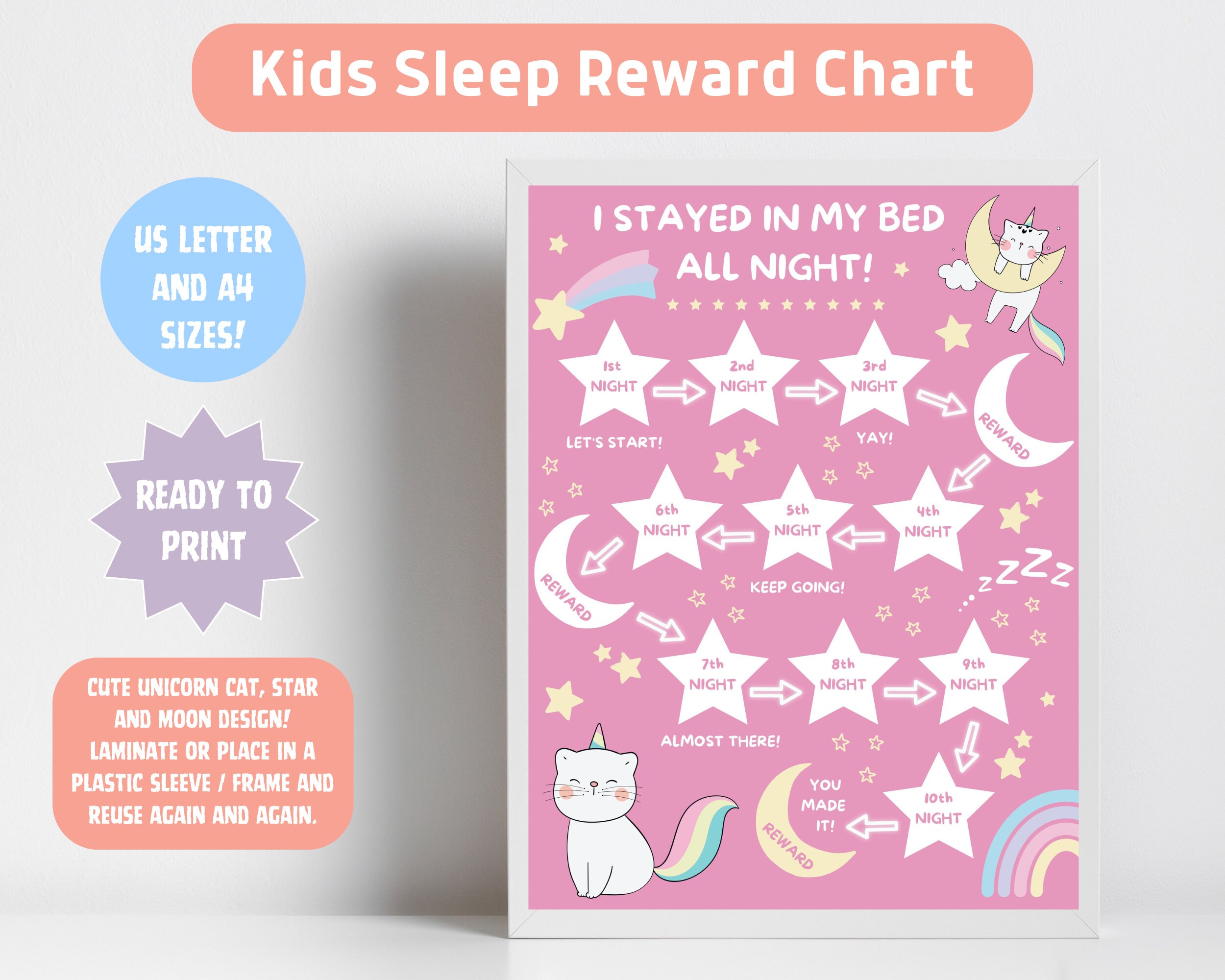Printable Kids Sleep Chart Unicorn Cat Star Moon Sleeping Chart Sleep ...