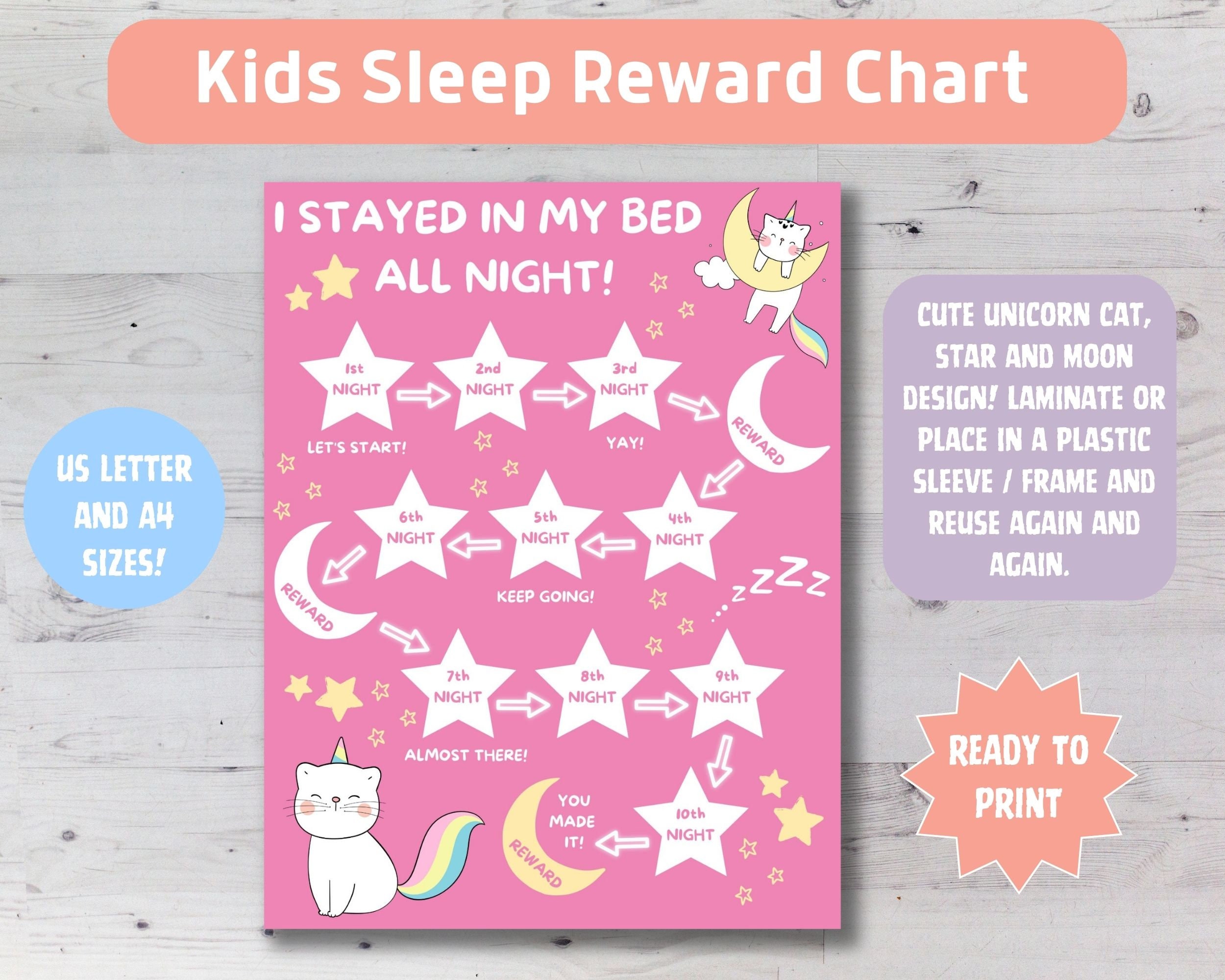 Printable Kids Sleep Chart Unicorn Cat Star Moon Sleeping - Etsy Australia