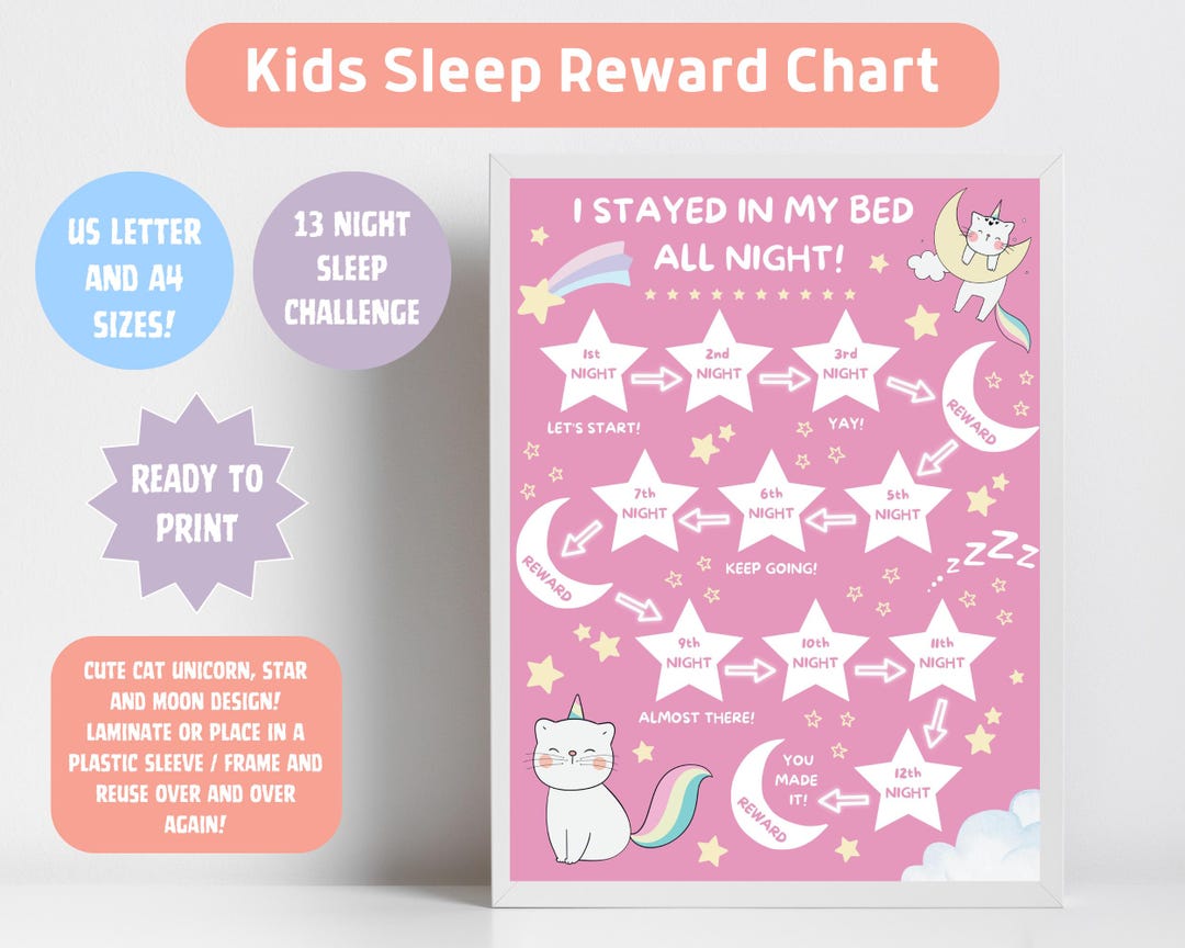 Printable Kids Sleep Reward Chart, Unicorn Cat Star Moon Sleeping Chart ...
