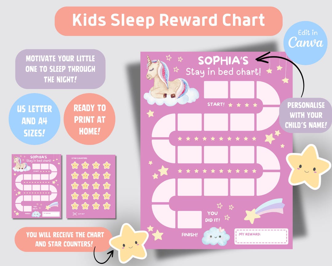Printable Kids Sleep Reward Chart, Personalised Unicorn Sleeping Chart ...