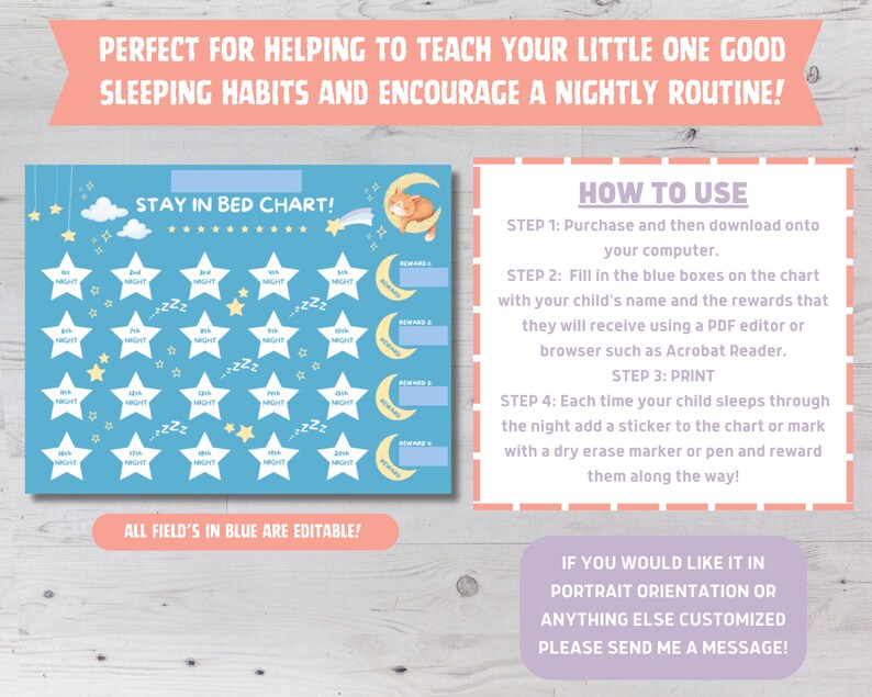 Editable Kids Sleep Reward Chart, Printable Stay in Bed Chart, Toddler ...