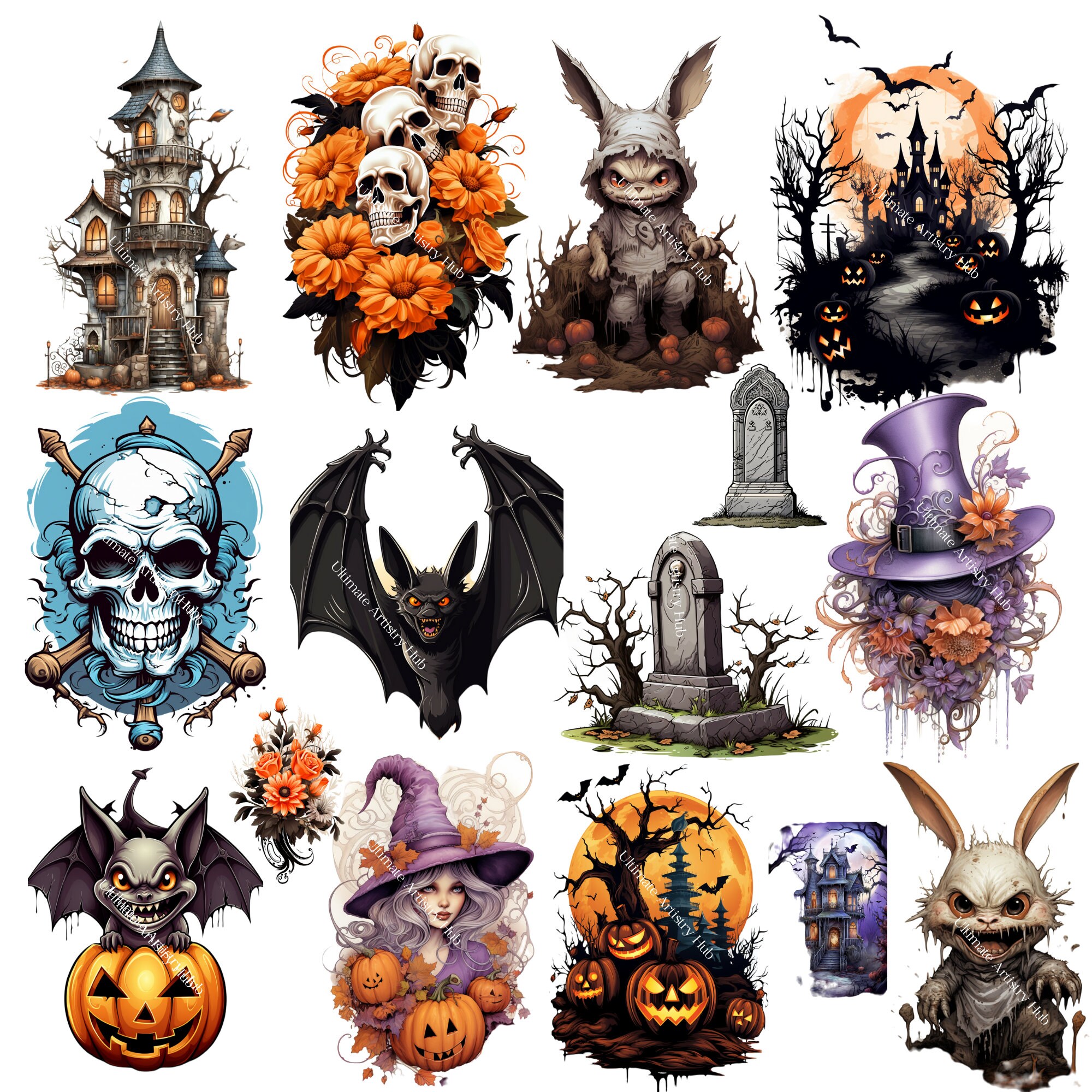 Halloween Clipart: Spooky Ghosts Bats Pumpkins Cats - Etsy
