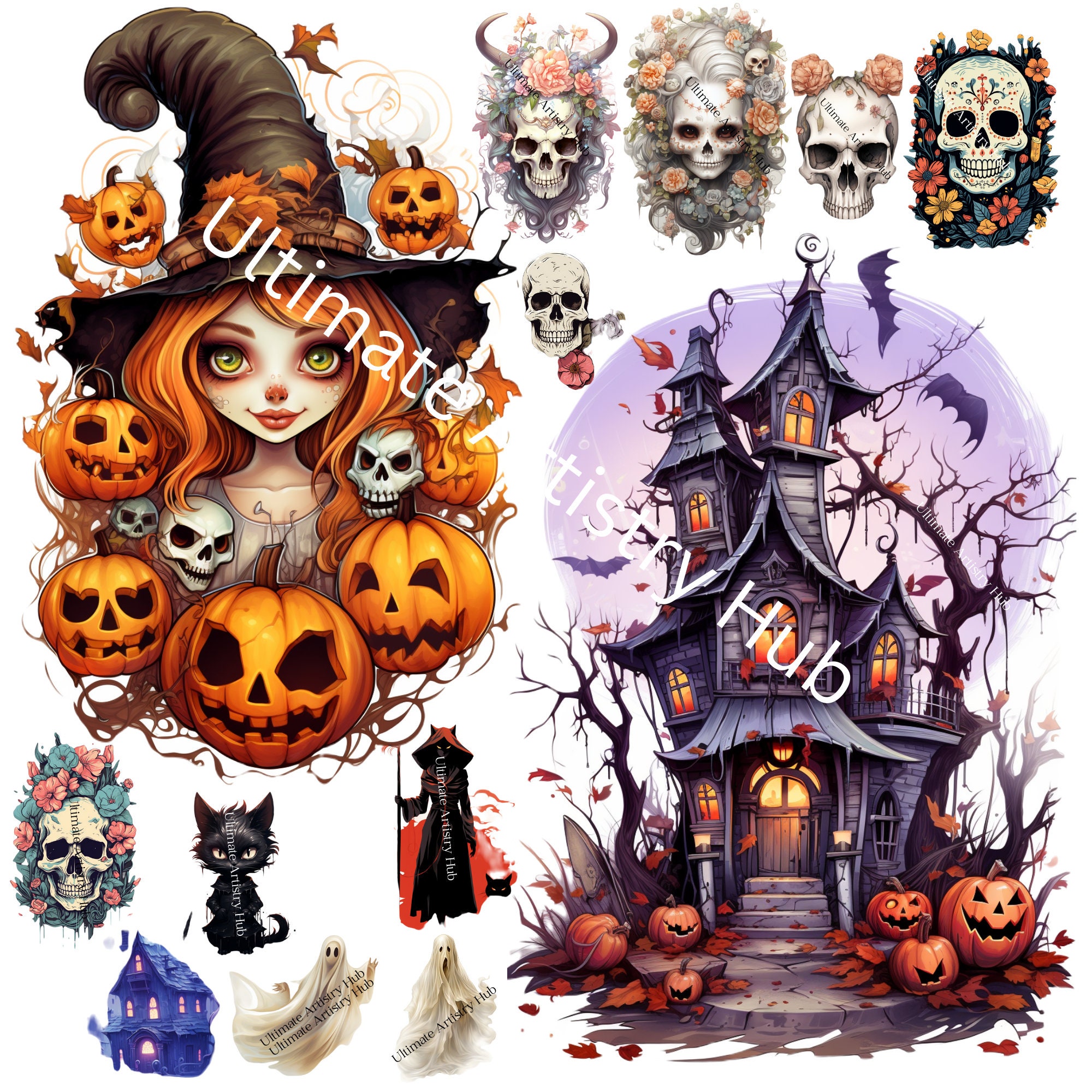Halloween Clipart: Spooky Ghosts Bats Pumpkins Cats - Etsy