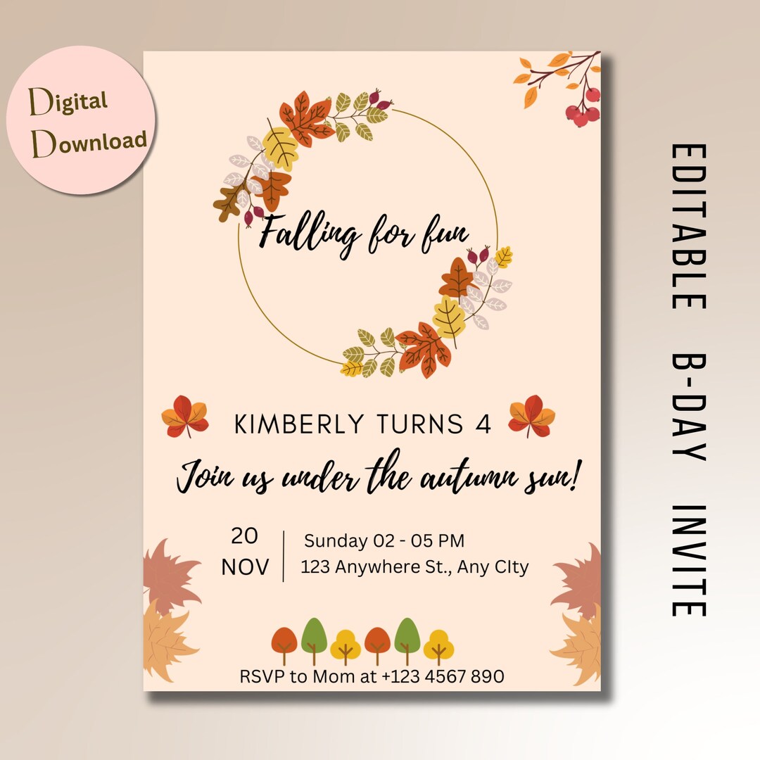 Birthday Invitation Template FALL THEMED, Editable Invitation, Fall ...