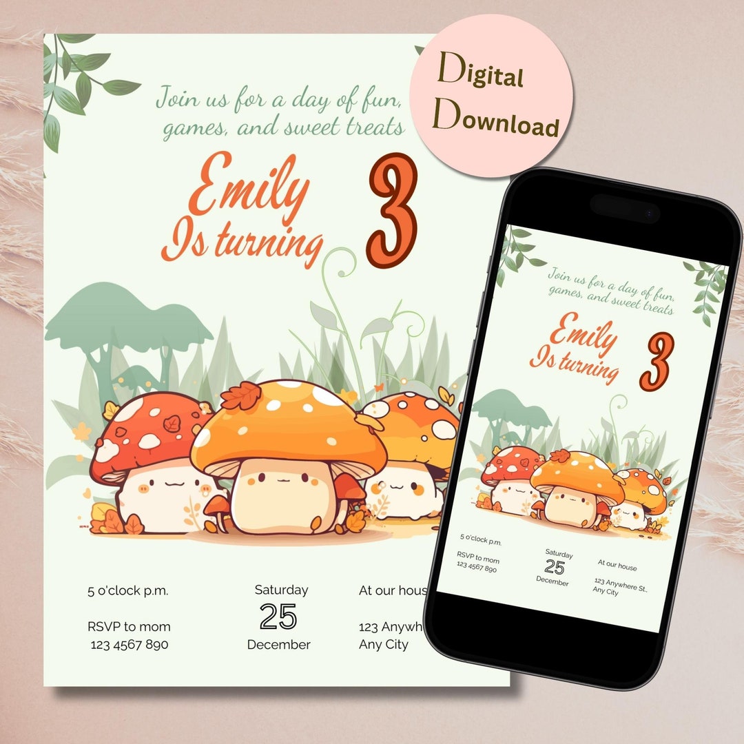 Mushroom Birthday Party Invitation, Mushrooms Birthday Card, Whimsical ...