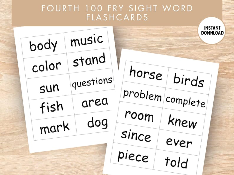 Fourth Grade Sight Words Flashcards: 100 Printable Fry Words (PDF) - Etsy