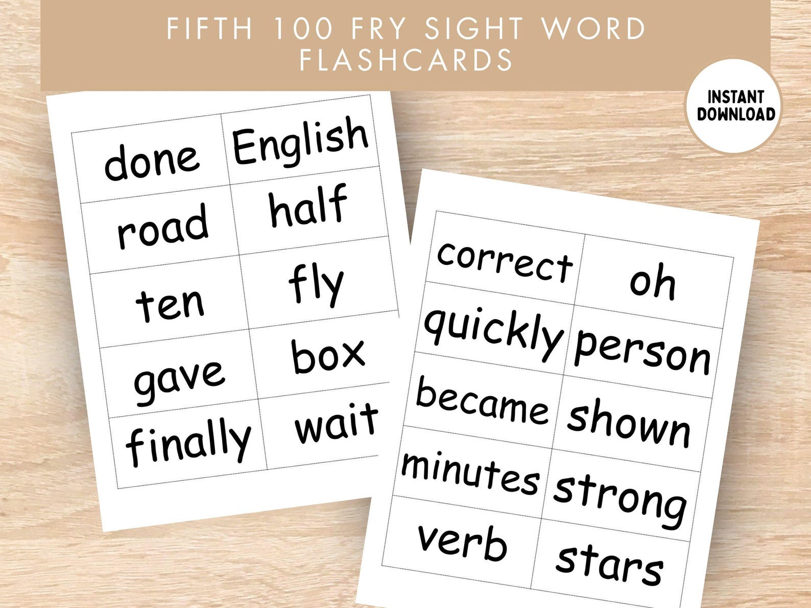 Fifth Grade Sight Words Flashcards: 100 Printable Fry Words (PDF) - Etsy