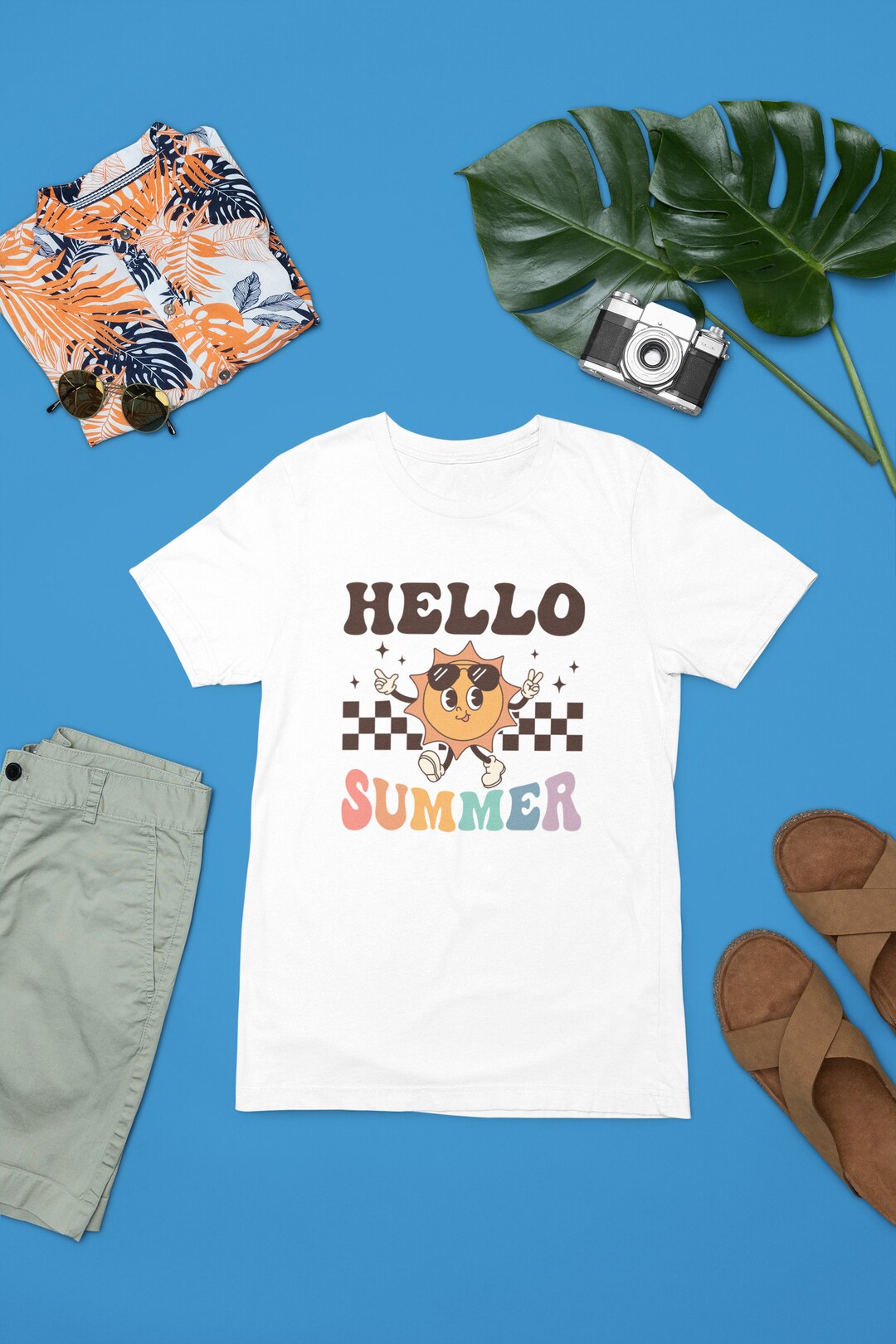 Hello Summer Retro Style Smiley Sun Text Summer Trendy Gift Matching ...