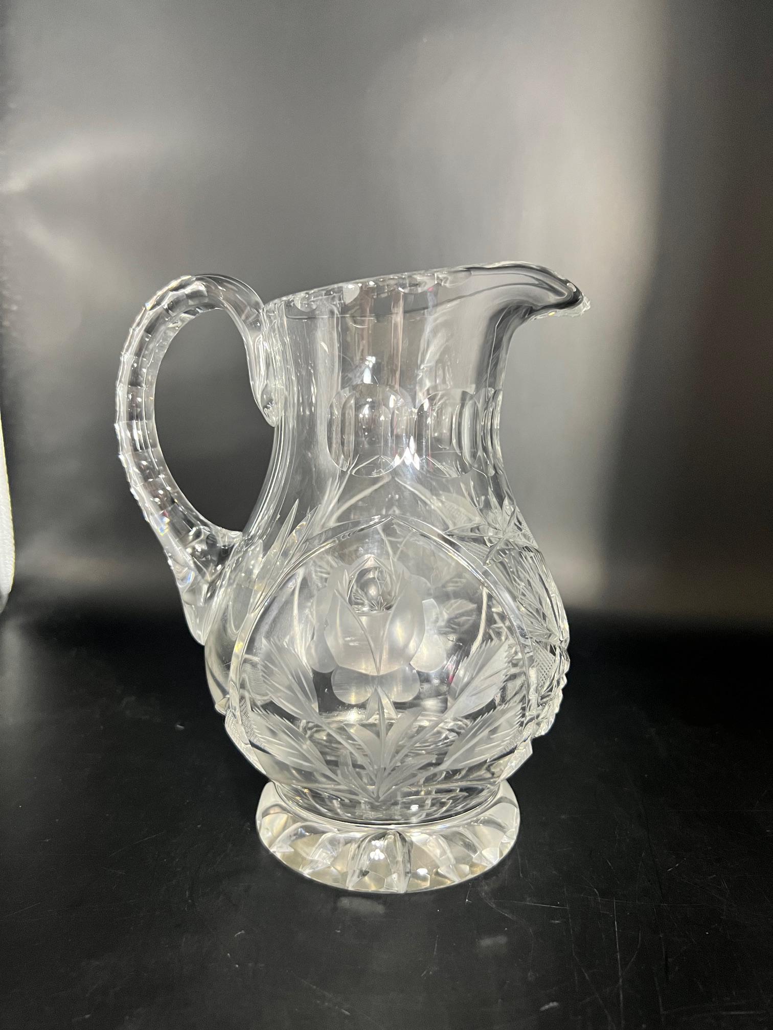 Vintage Cut Glass Pitcher With Roses - Etsy