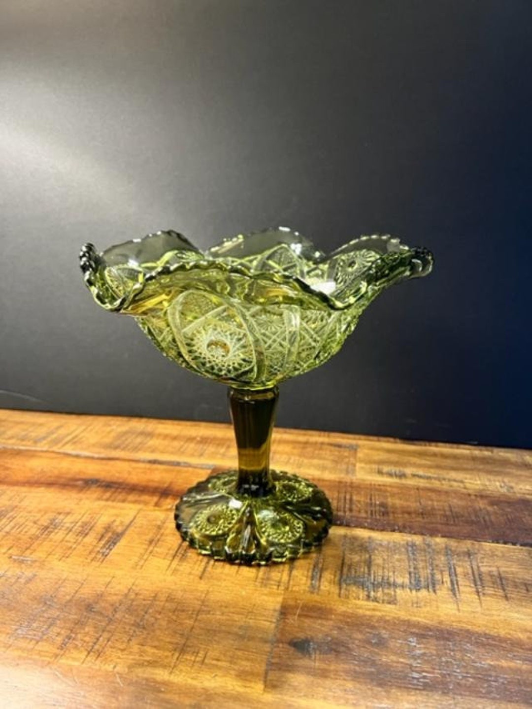 Vintage Imperial Daisy & Button Tall Crimped Green Compote - Etsy