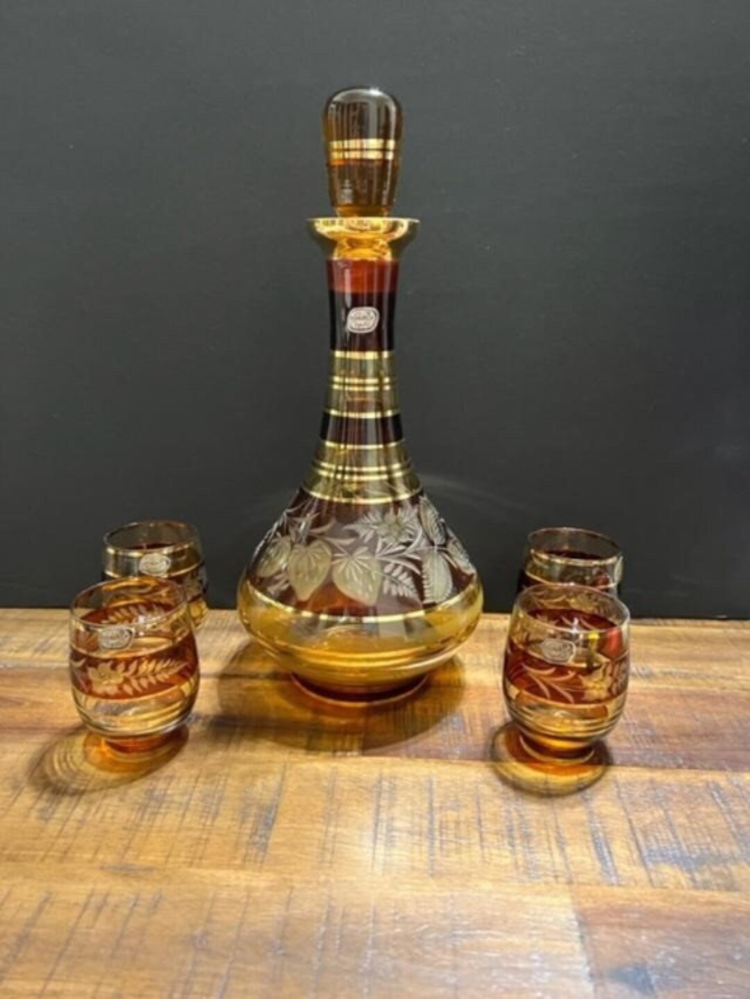 Vintage Bohemia Crystal Amber & Gold Decanter and Cordials - Etsy