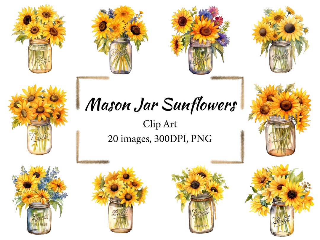 Mason Jar Sunflowers Clip Art 20 Digital Designs 300dpi PNG - Etsy