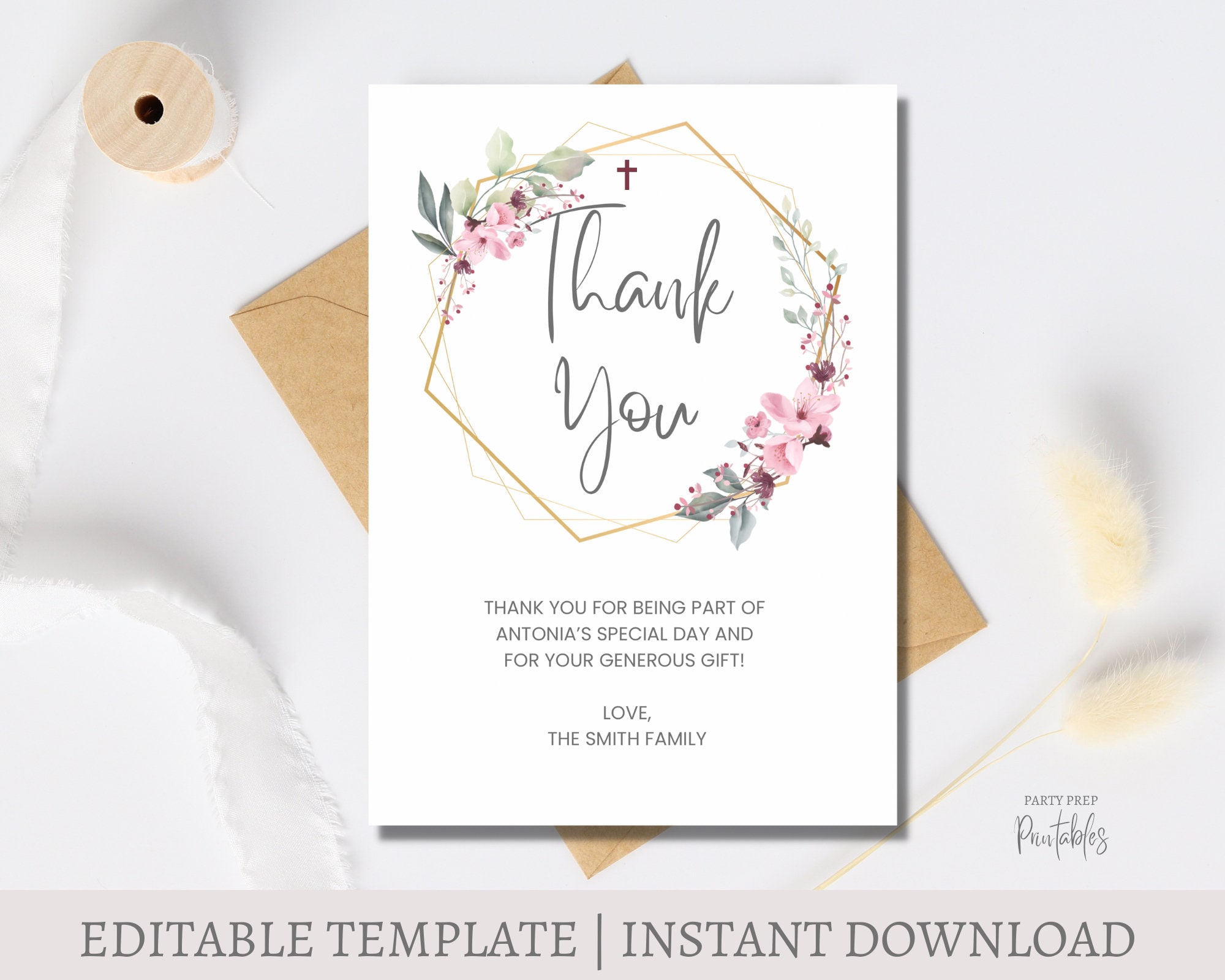 Baptism Thank You Digital Template, Printable Baptism Thank You Card ...