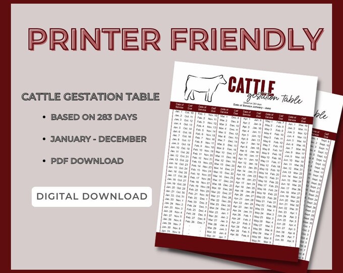 Cattle Gestation Table - Digital Download - Printer Friendly - Etsy