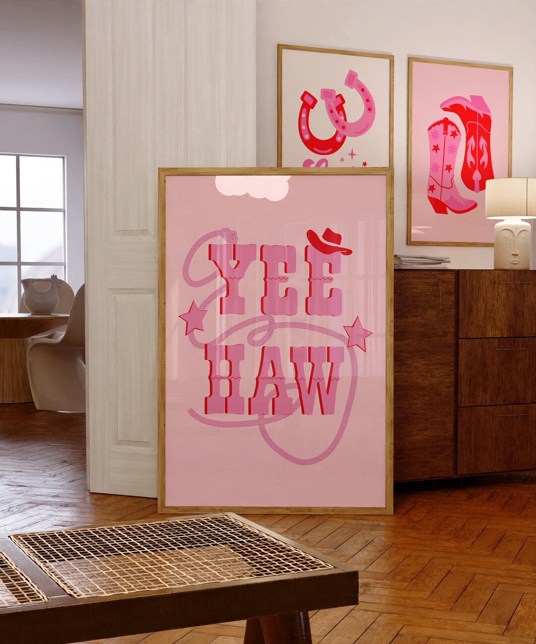 Trendy Yeehaw Western Cowboy Wall Art, Pink Aesthetic Cowgirl Poster ...