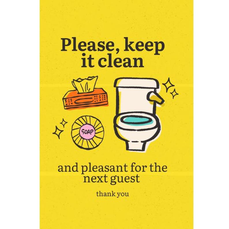 Letrero imprimible "Mantén el baño limpio", arte mural amarillo y negro ...