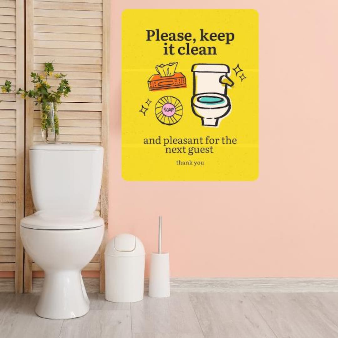 Letrero imprimible "Mantén el baño limpio", arte mural amarillo y negro ...