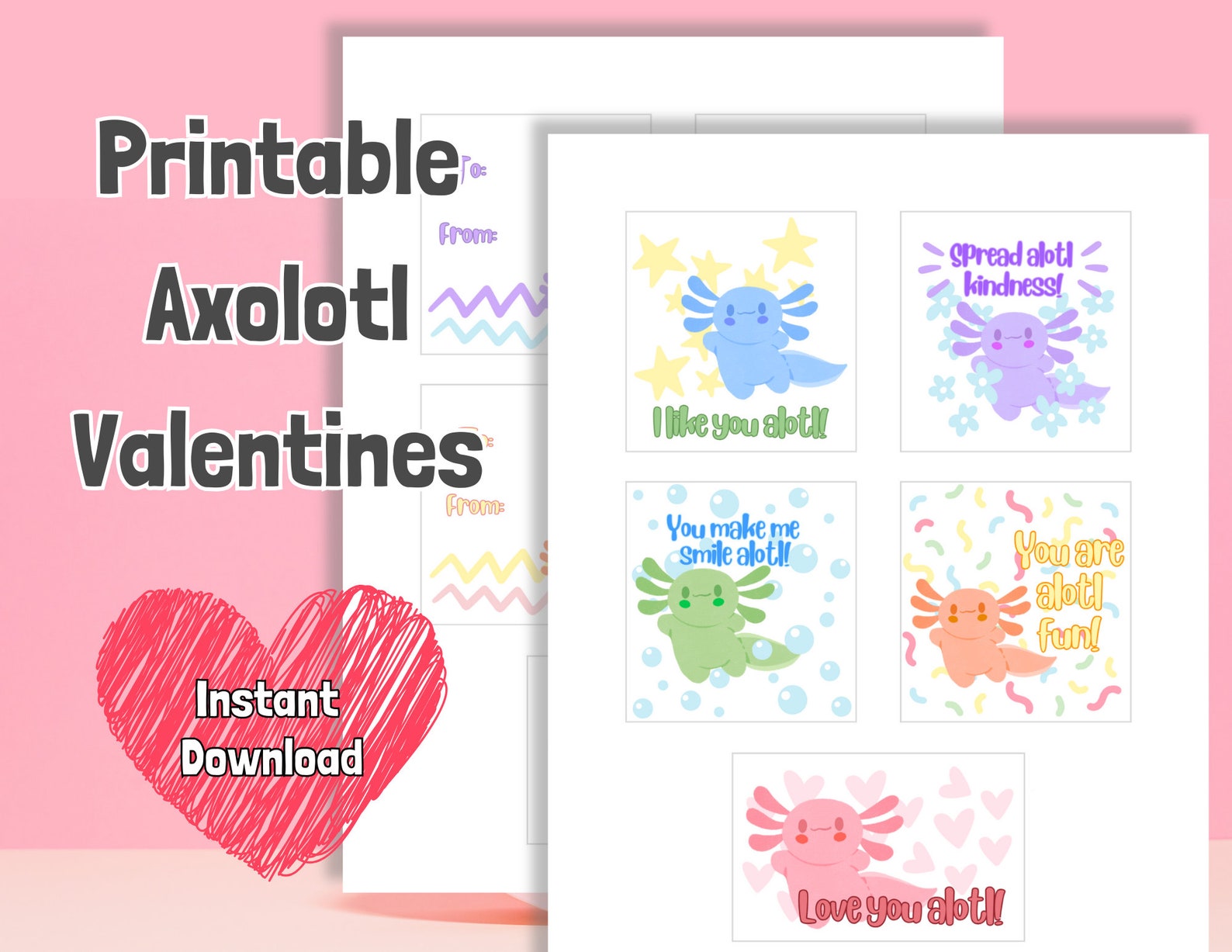 Adorable Axolotl Valentines - Printable - Instant Download - Kid's ...