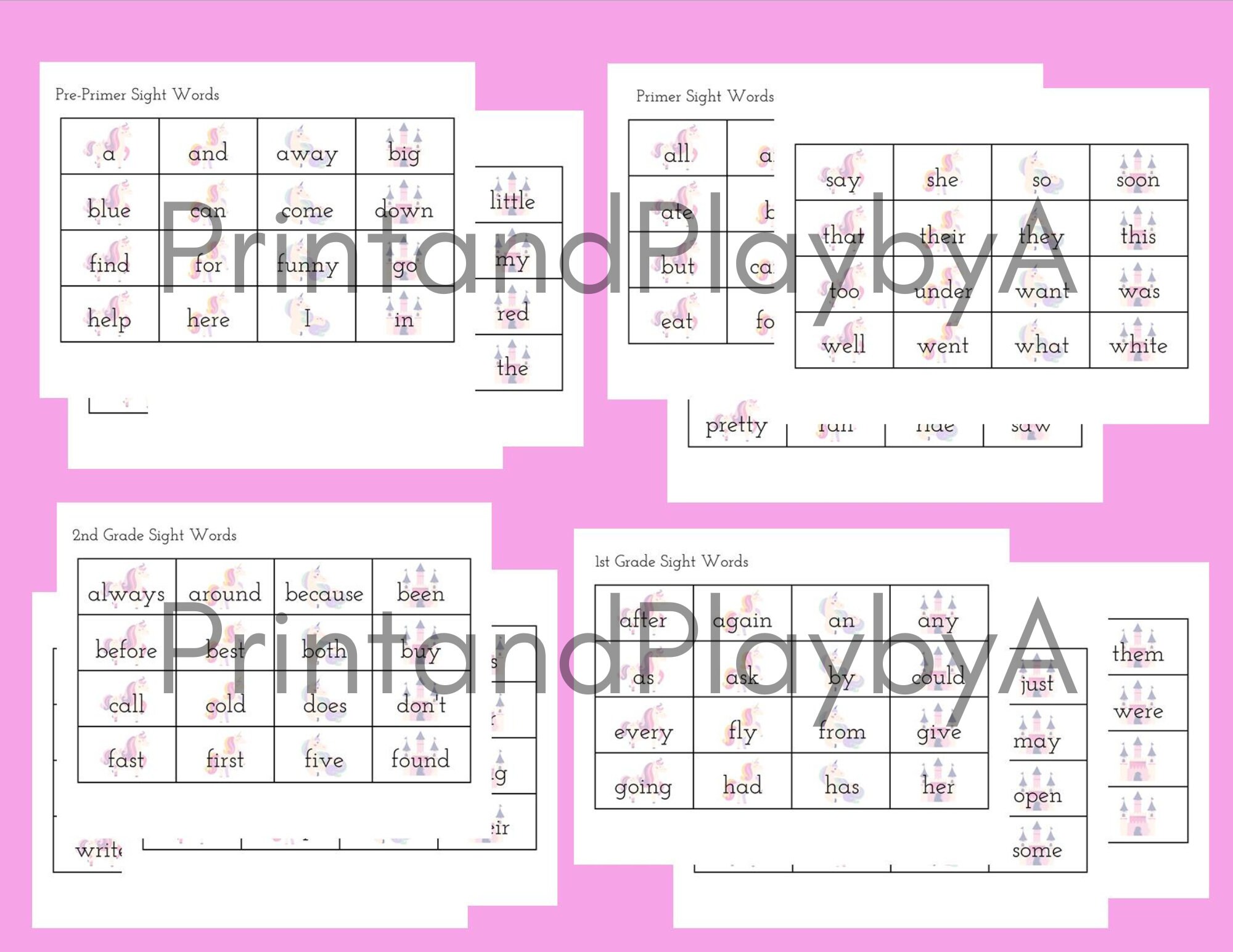 Unicorn & Princess Dolch Sight Word Practice Printable (digital File ...