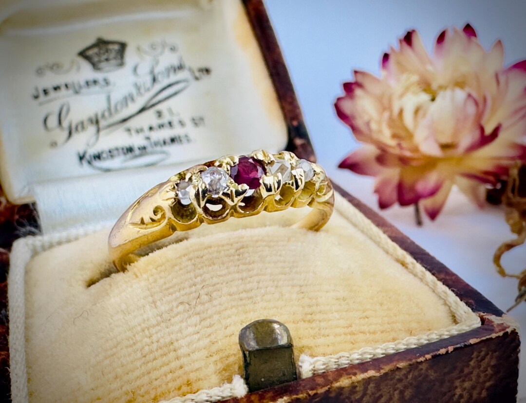 Antique 18ct Gold Ruby & Old-cut Diamond 5 Stone Boat Ring - Etsy