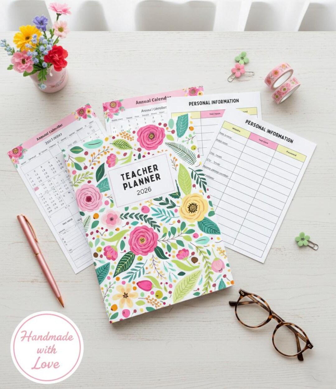 Teacher Planner 2026 Printable | Green Pink Floral Academic Planner PDF ...